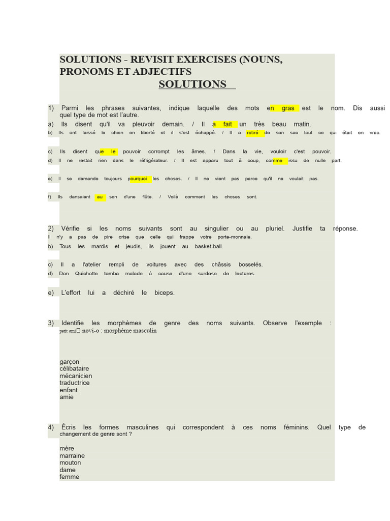 Solutions d'exercices sur les noms et pronoms | PDF | Genre grammatical ...