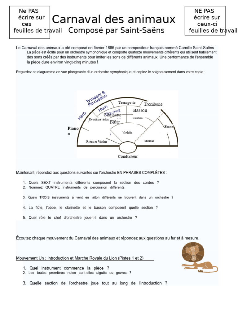 Feuilles de travail sur le Carnaval des animaux | PDF | Le Carnaval des ...