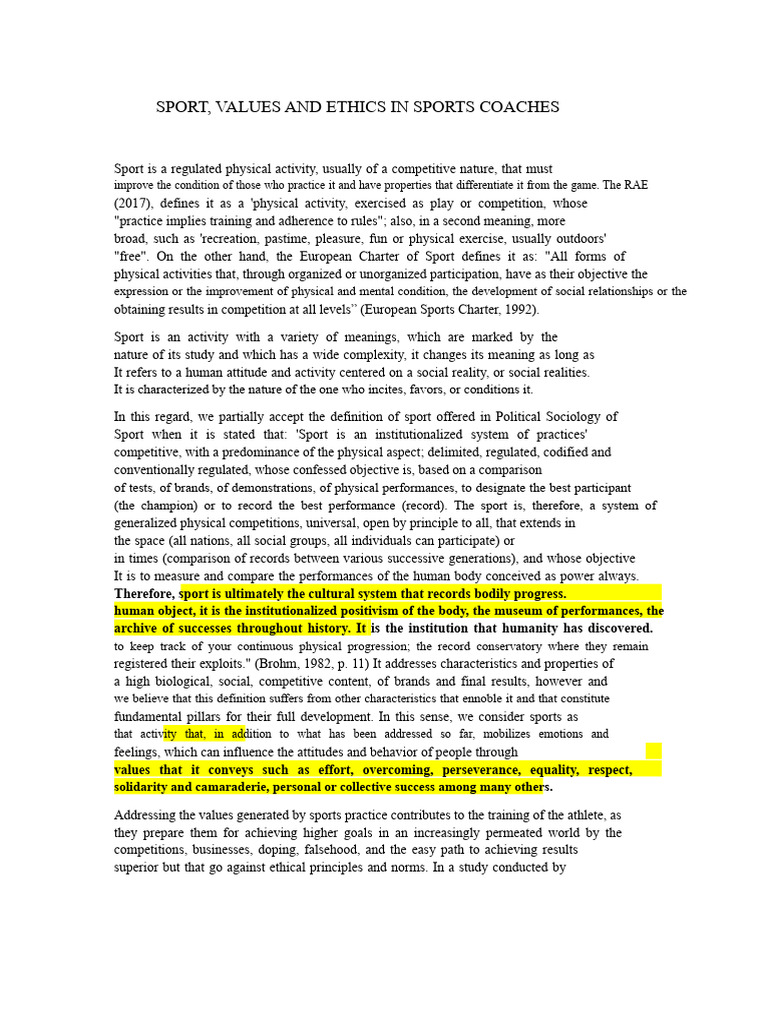 Values and Ethics in Sports Coaching | PDF | Value (Ethics) | Attitude ...
