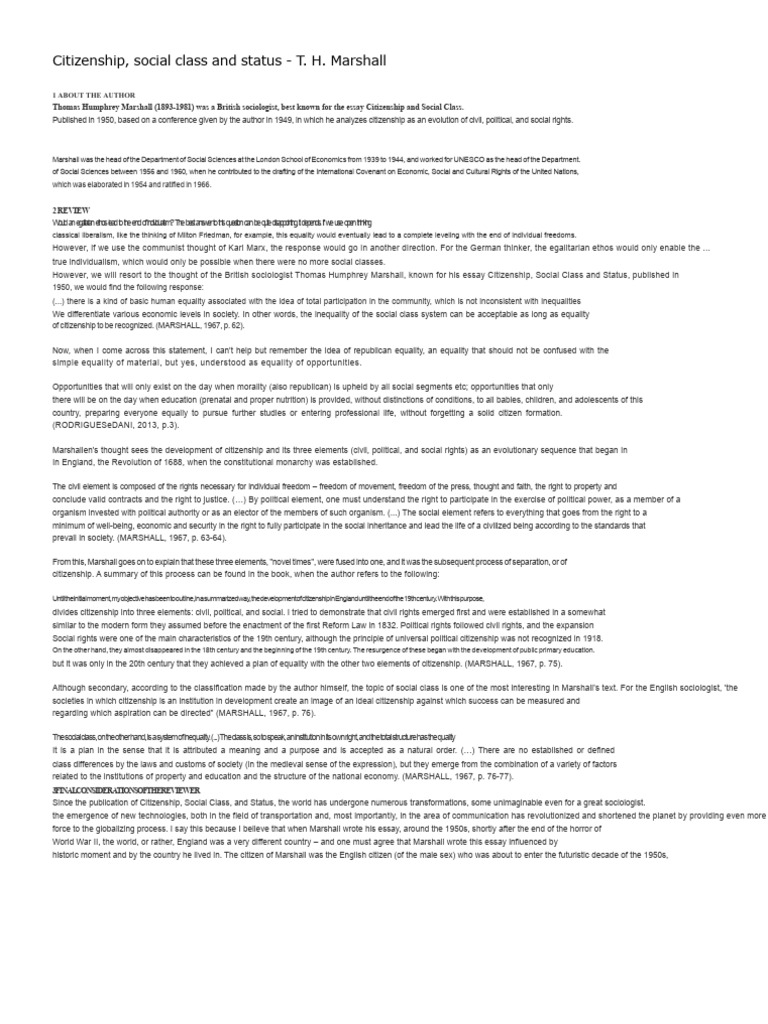 MARSHALL, T. H. Citizenship and Social Class Pp. 57-114. | PDF ...