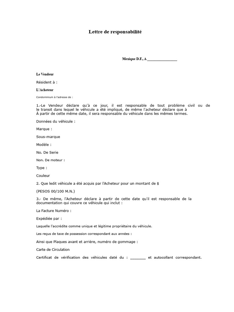 Lettre Decharge De Responsabilites Voiture