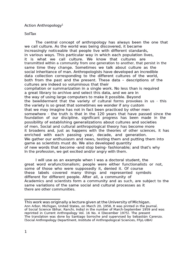Sol Tax - Anthropology-Action Translation | PDF | Knowledge | Anthropology