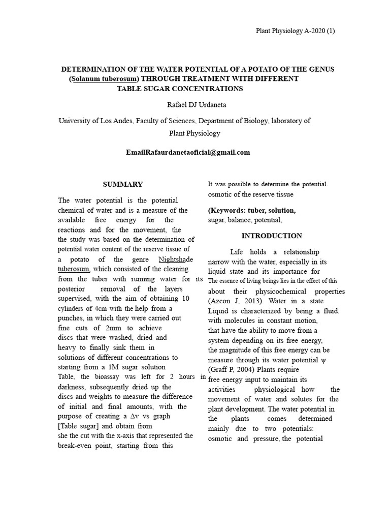 Water Potential in Potato Tuber Discs | PDF | Osmosis | Chemistry