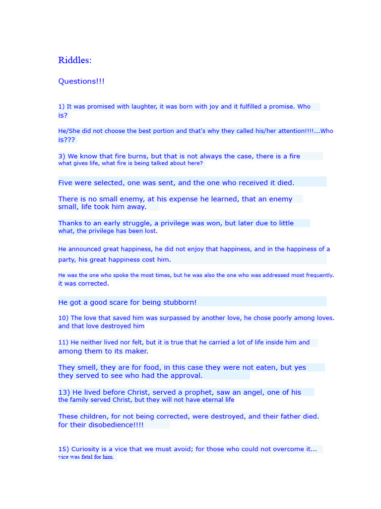 Riddles - Compiled.. (Questions and Answers) ... | PDF | David | Jesus