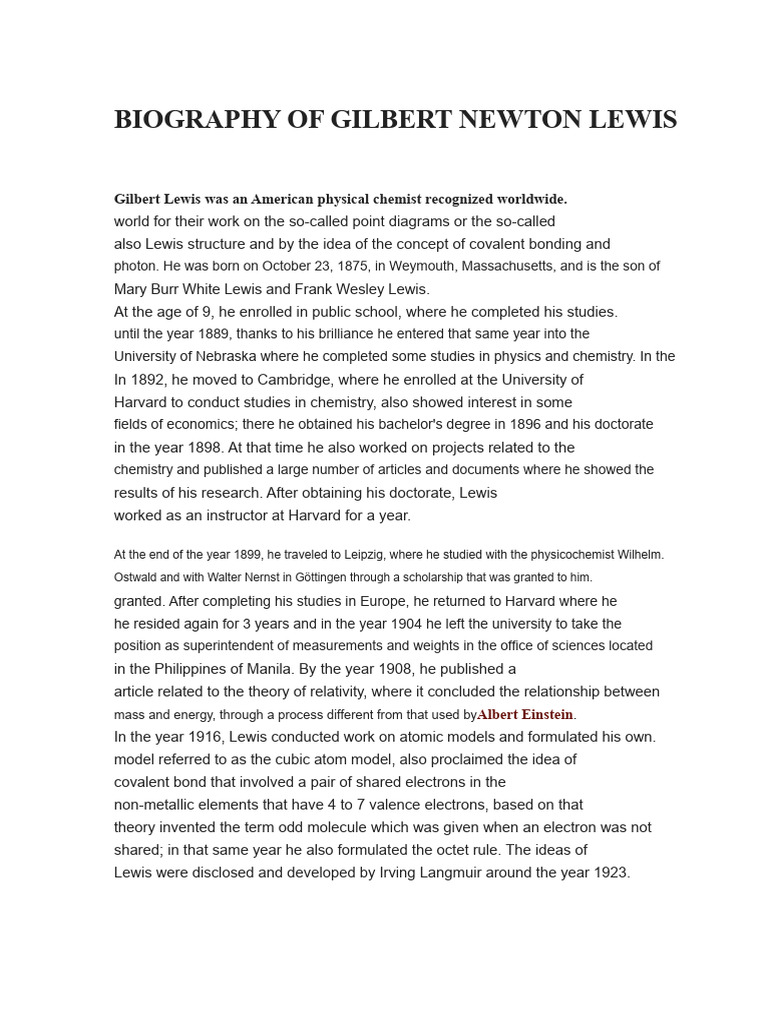 Biography of Gilbert Newton Lewis | PDF | Chemistry | Atoms