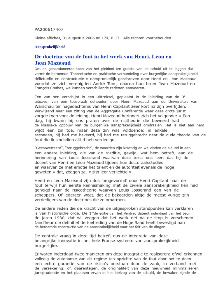 De Doctrine Van de Fout in Het Werk Van Henri, Léon en Jean Mazeaud | PDF