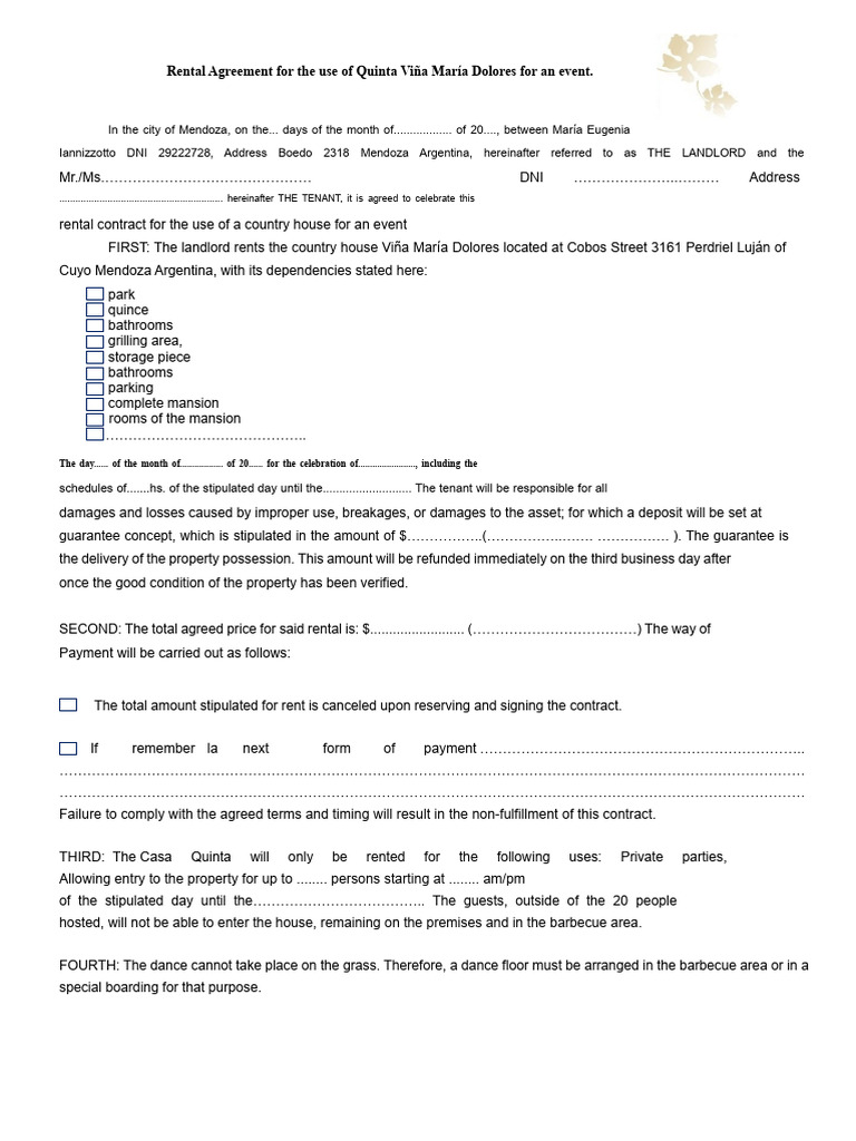 Rental Contract For The Use of Viña María Dolores Estate For Event ...