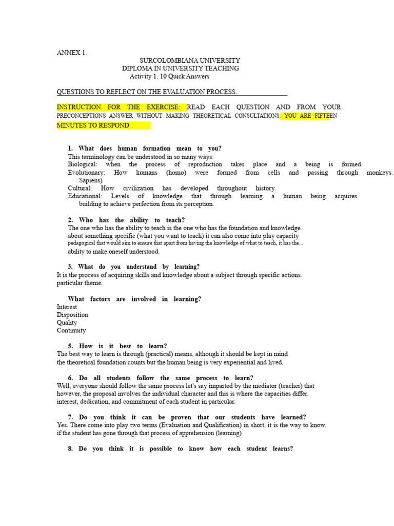 ANNEX 1. Questions About The Evaluation of Learning | PDF | Knowledge ...