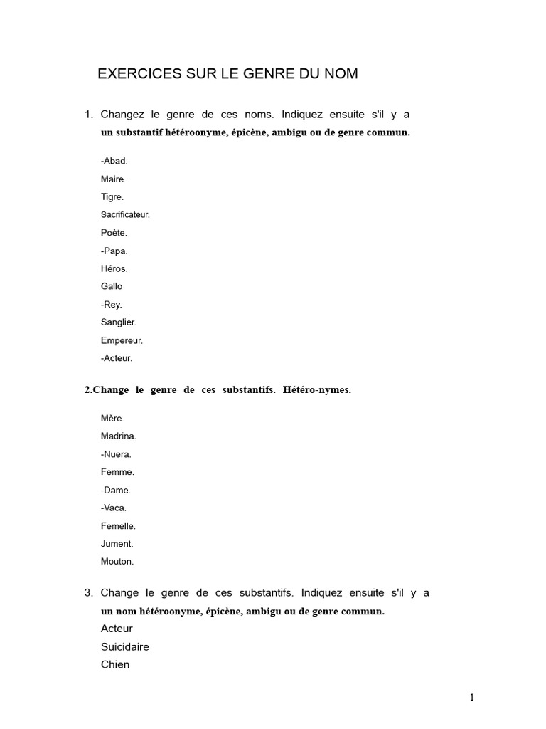 Exercices sur le genre des noms | PDF | Genre grammatical