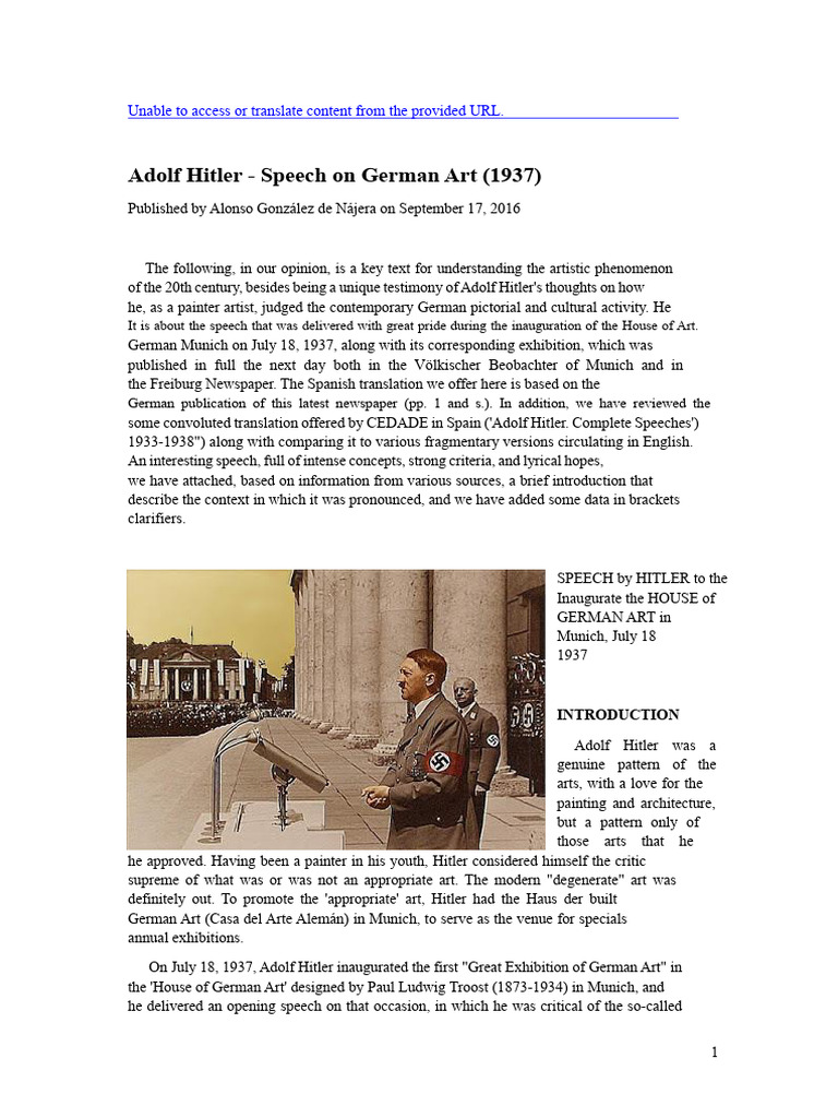 Hitler's 1937 Speech on German Art | PDF | Nazism | Nazi Germany