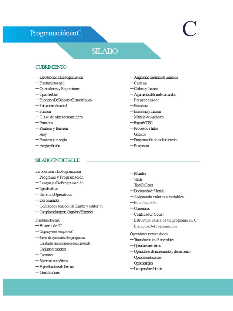 Sílabo del Lenguaje C | PDF | Puntero (Programación de computadora) | Programa de computadora