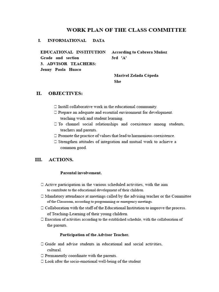Class Committee Work Plan | PDF | Teachers | Learning