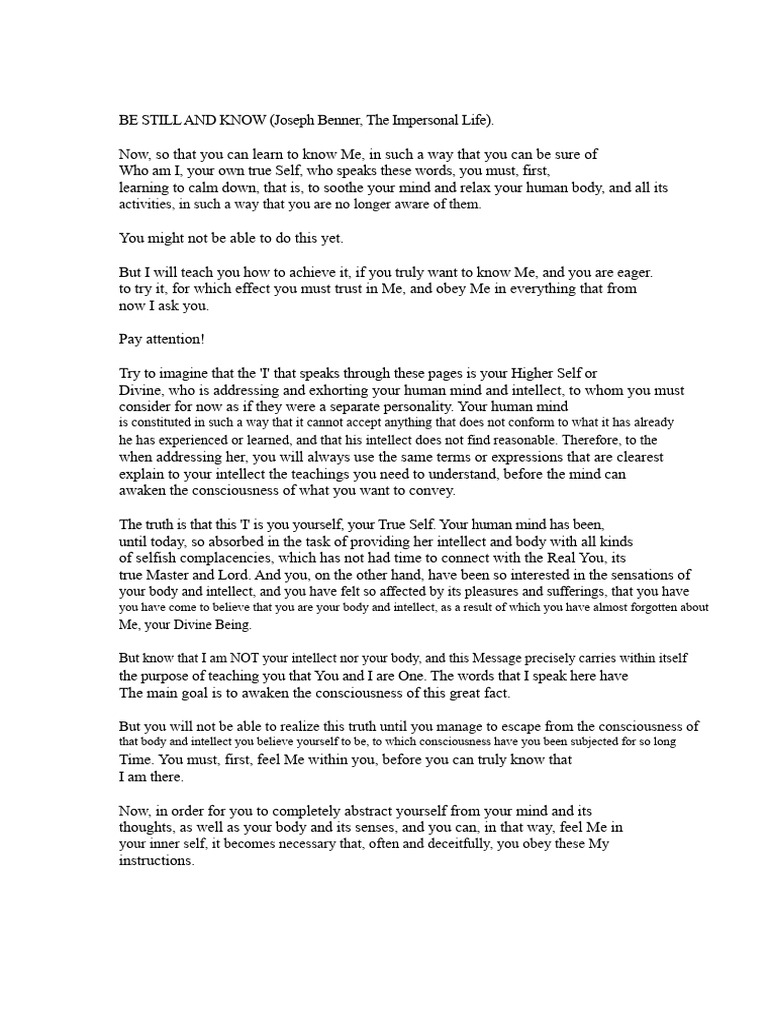 BE STILL AND KNOW (Joseph Benner, The Impersonal Life) . | PDF | Mind ...