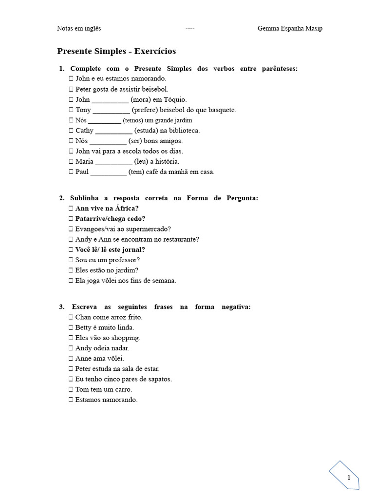 Exercícios de Presente Simples em Inglês | PDF