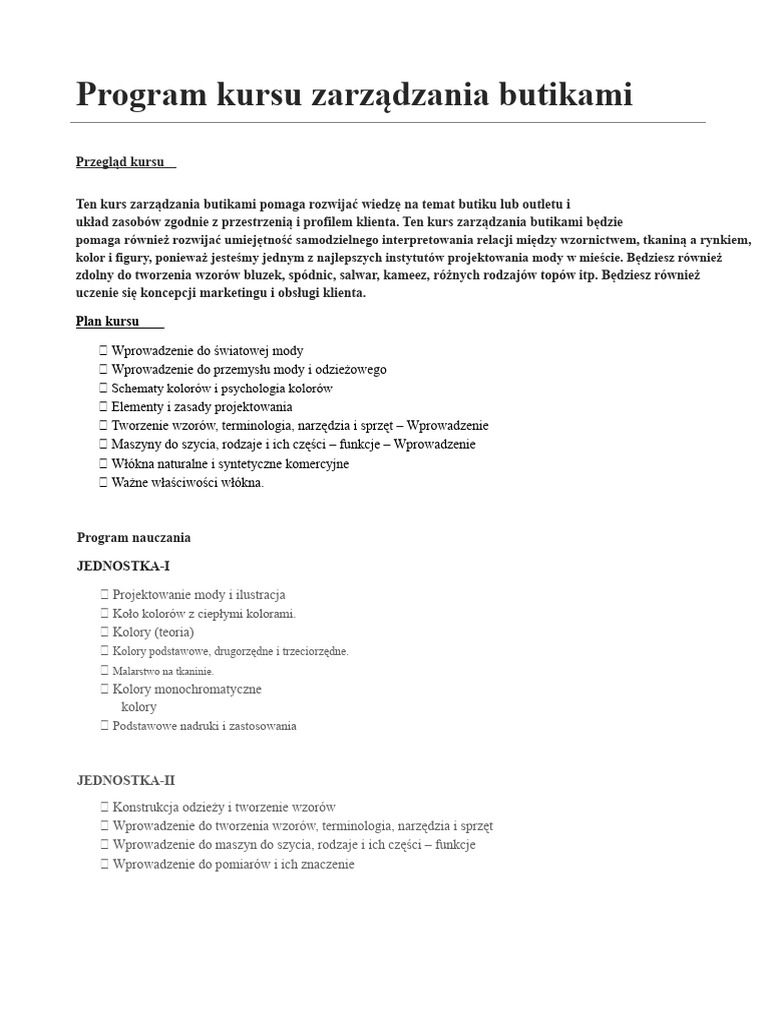Program Nauczania Zarządzania Butikami | PDF