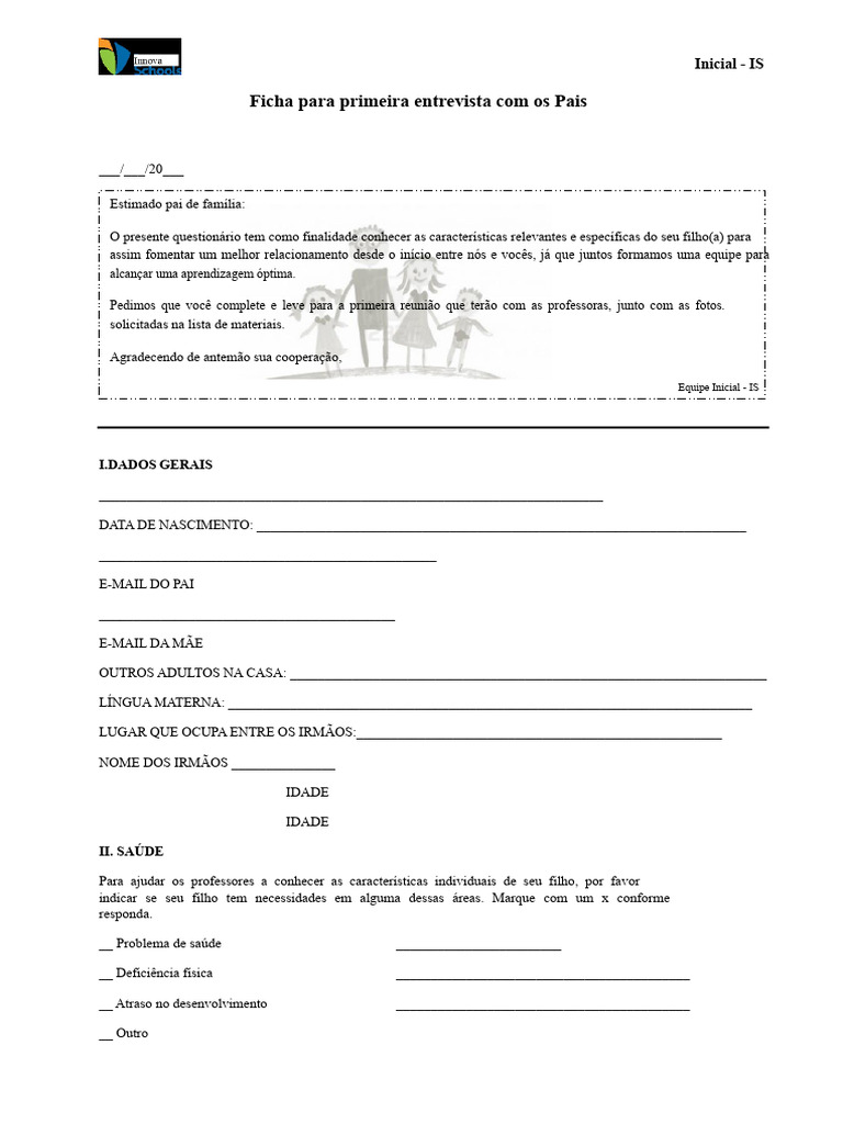 Ficha para Primeira Entrevista para Pais - 2 - 112920294 | PDF | Família