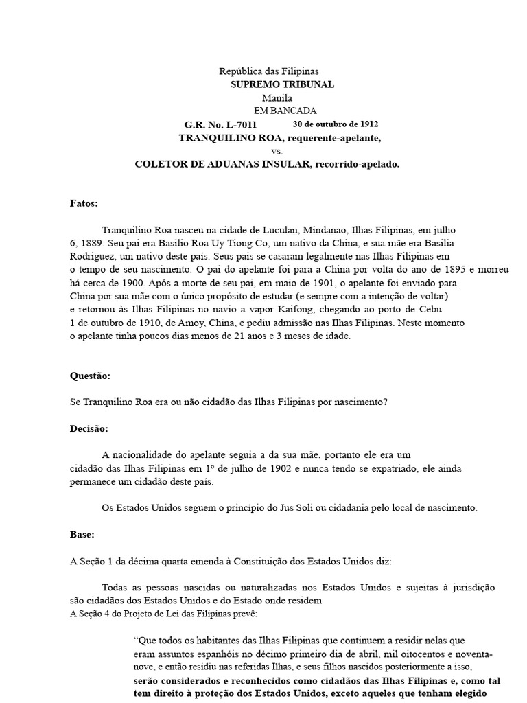 Cidadania Filipina de Tranquilino Roa | PDF | Filipinas | Espanha
