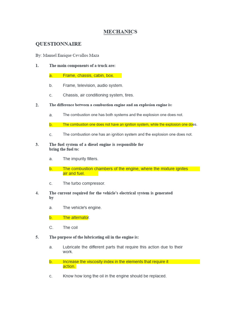 Truck Mechanics Questionnaire Guide | PDF | Engines | Brake