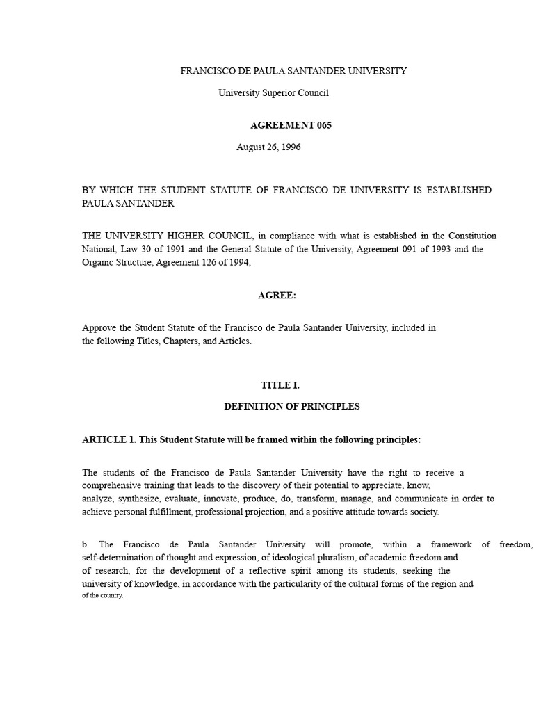 Agreement No. 065 of 1996 - Student Statute UFPS What Is It | PDF ...