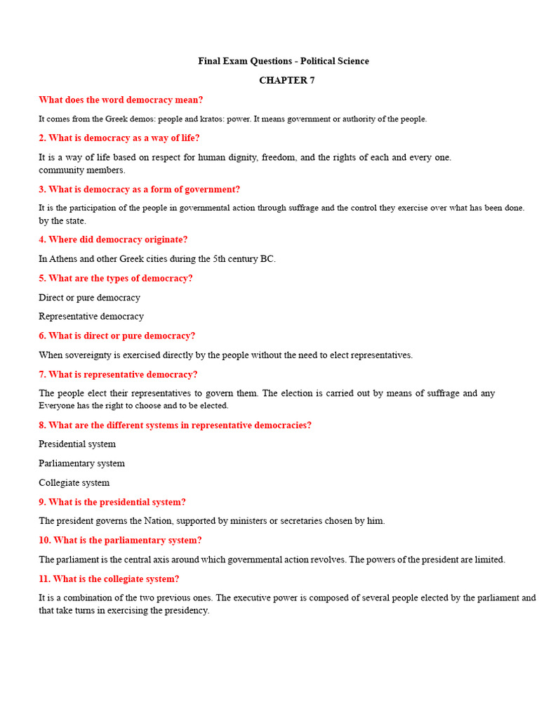 Political Science Final Exam | PDF | Democracy | Political Ideologies
