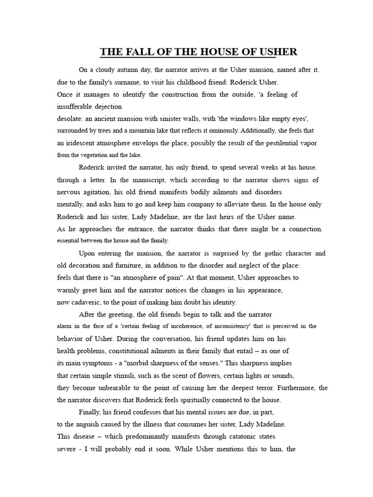 SUMMARY OF EDGAR ALLAN POE'S STORIES "The Black Cat," "The Fall of The ...