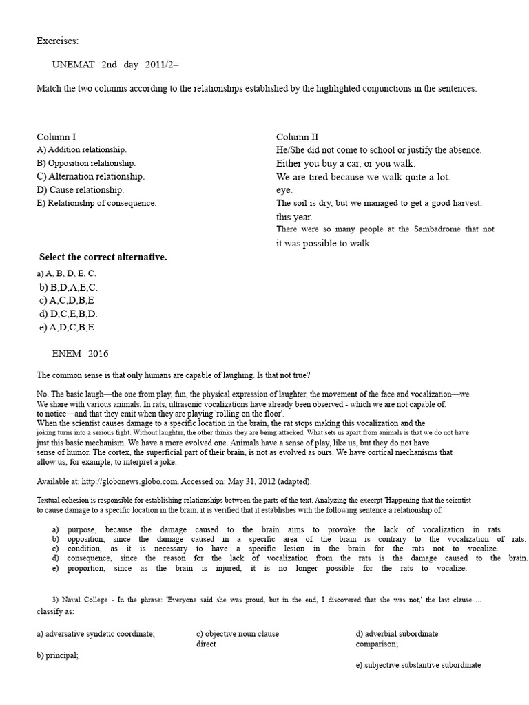 Entrance Exam Exercises On Coordinated and Subordinated Clauses. | PDF ...