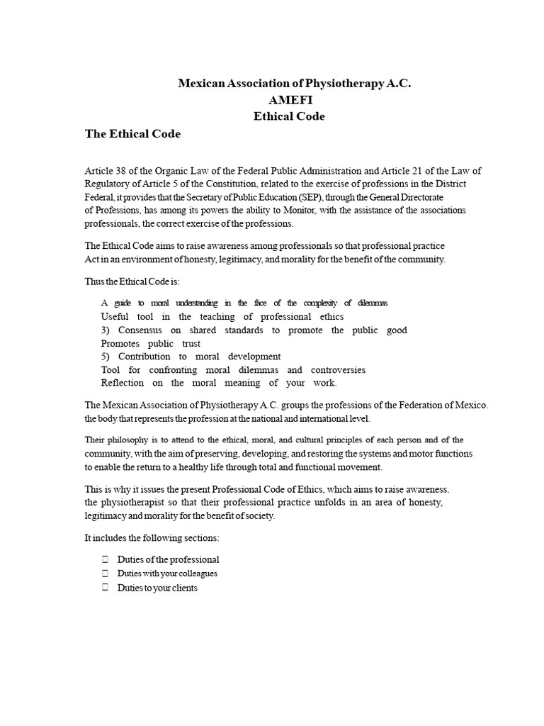 Code of Ethics For Physiotherapists | PDF | Physical Therapy | Profession