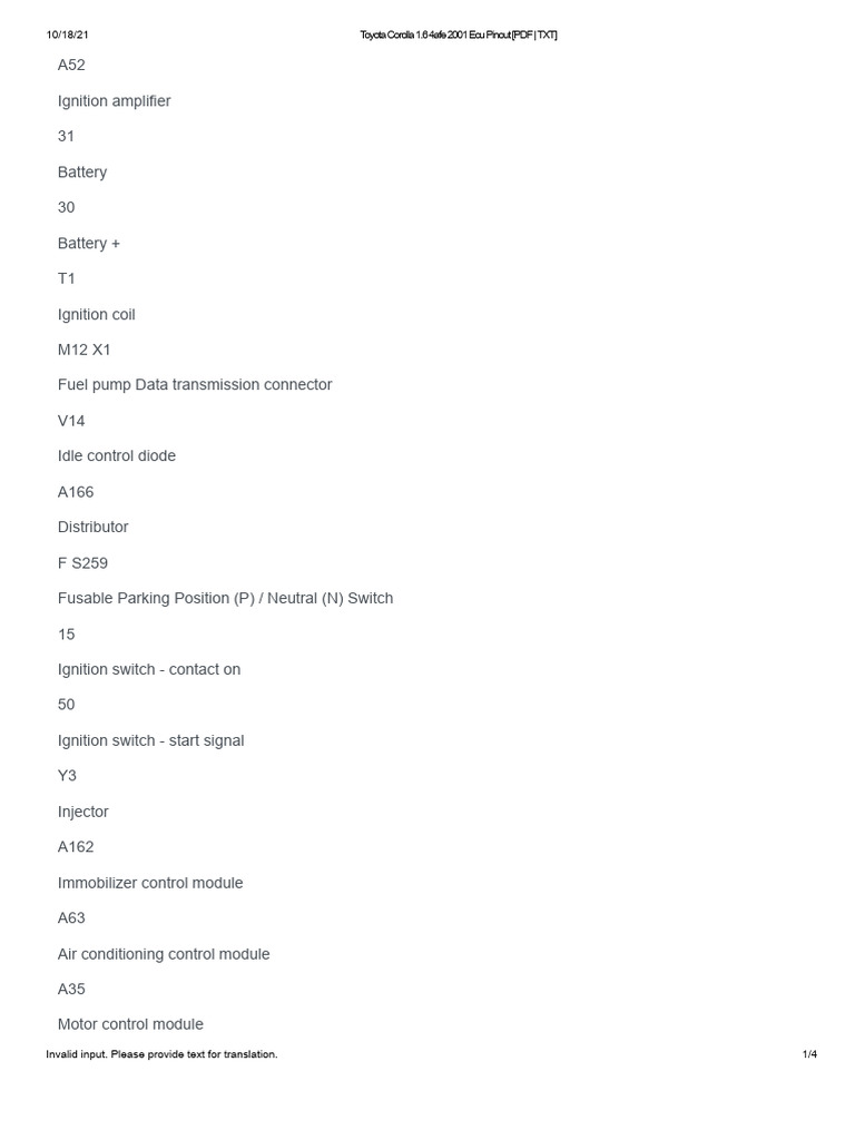 2001 Toyota Corolla 4AFE ECU Pinout | PDF | Relay | Throttle