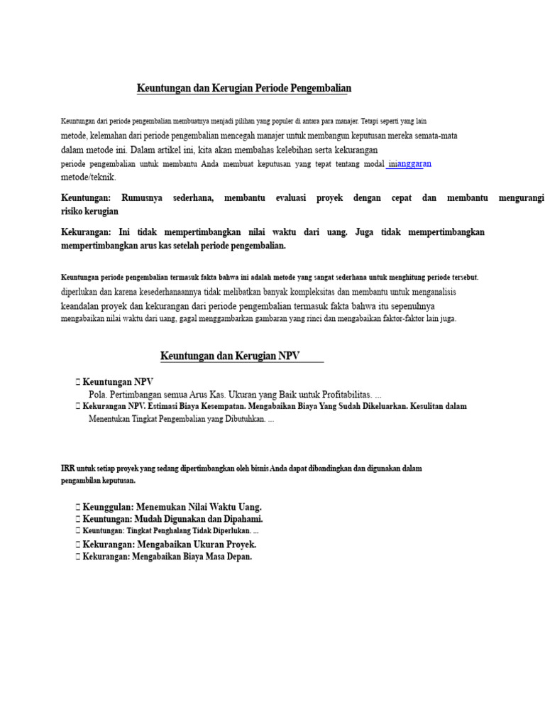 Keuntungan dan Kerugian Periode Pengembalian | PDF