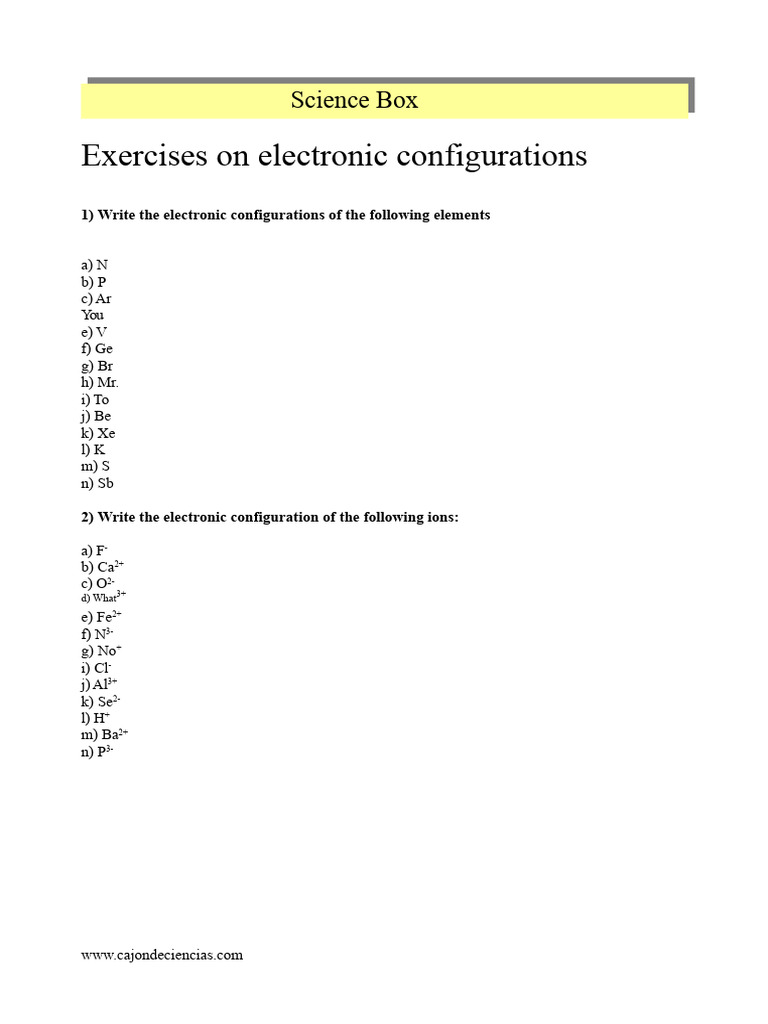 Electronic Configurations Exercises | PDF | Ion | Physical Sciences