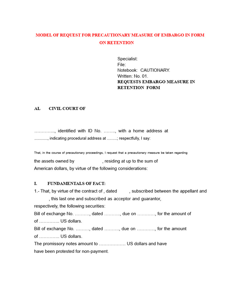 79. MODEL OF REQUEST FOR PRECAUTIONARY MEASURE OF EMBARGO IN THE FORM OF RETENTION.docx | PDF ...
