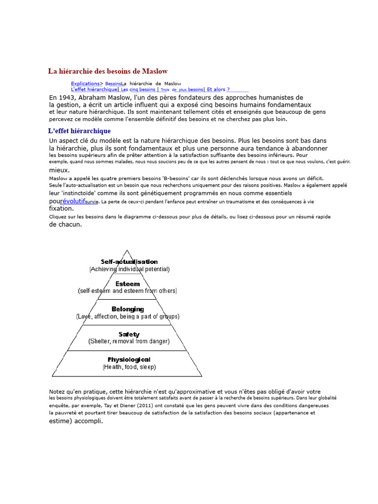 Hiérarchie des besoins de Maslow expliquée | PDF | Psychologie sociale ...