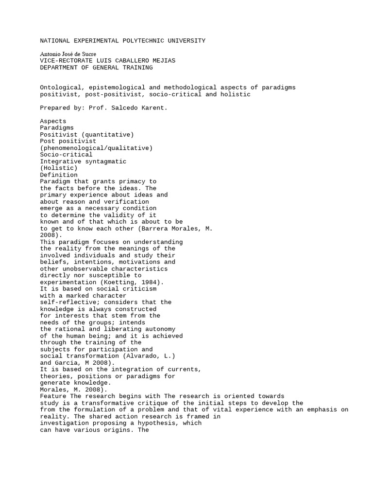 Synoptic Chart of Research Paradigms | PDF | Reality | Positivism
