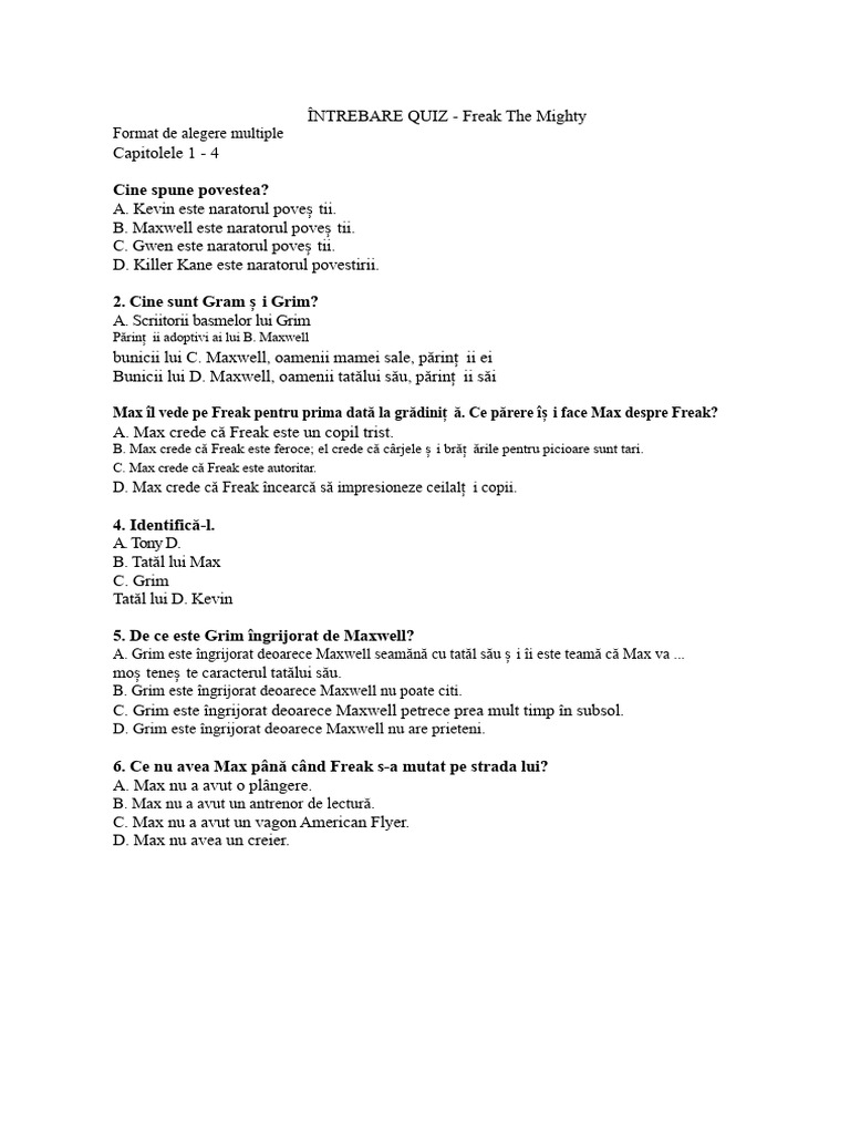 Întrebări de Quiz Despre Freak The Mighty Capitolele 1-4 | PDF