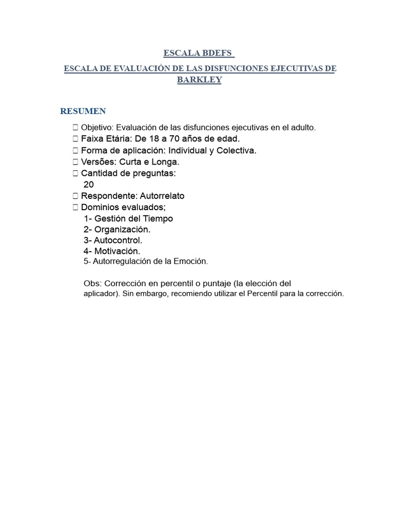 Evaluación BDEFS de Disfunciones Ejecutivas | PDF