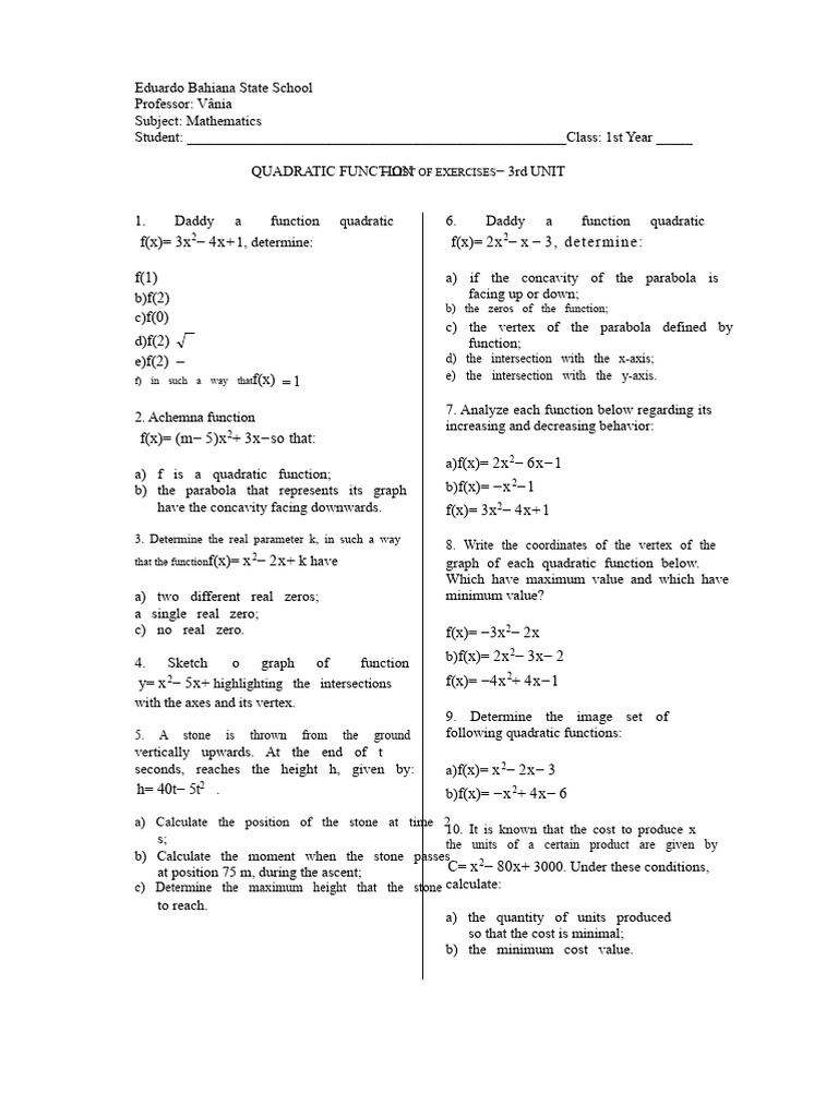 Quadratic Function Exercises | PDF | Function (Mathematics) | Graph Theory