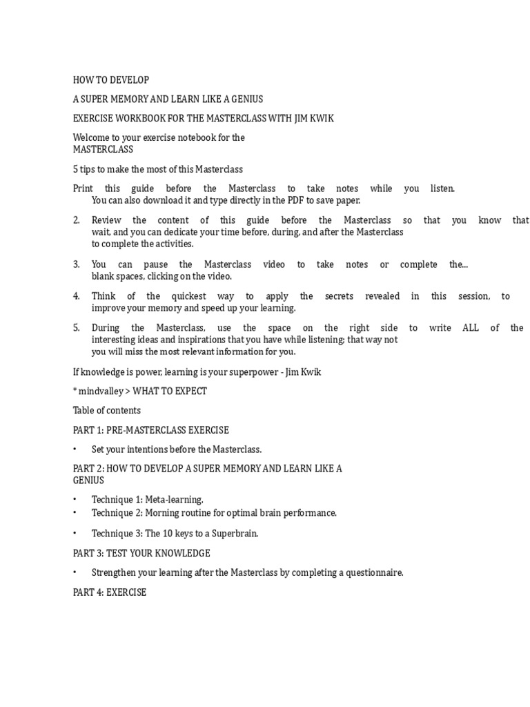 Masterclass Workbook: Super Memory Techniques | PDF | Memory | Cognition