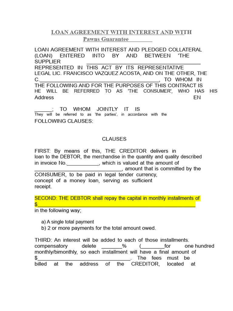 Loan Agreement With Interest and With Pledge Collateral | PDF | Loans | Guarantee