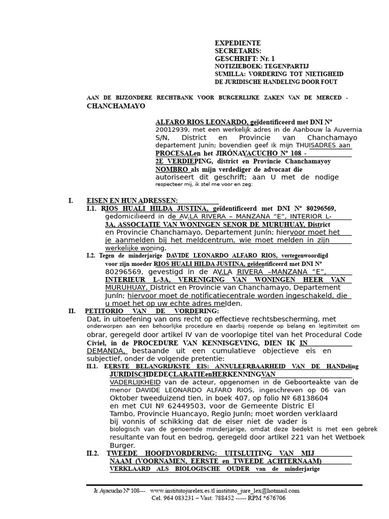 Model Klacht Tot Nietigverklaring Van Juridische Handeling Alfaro Rios ...