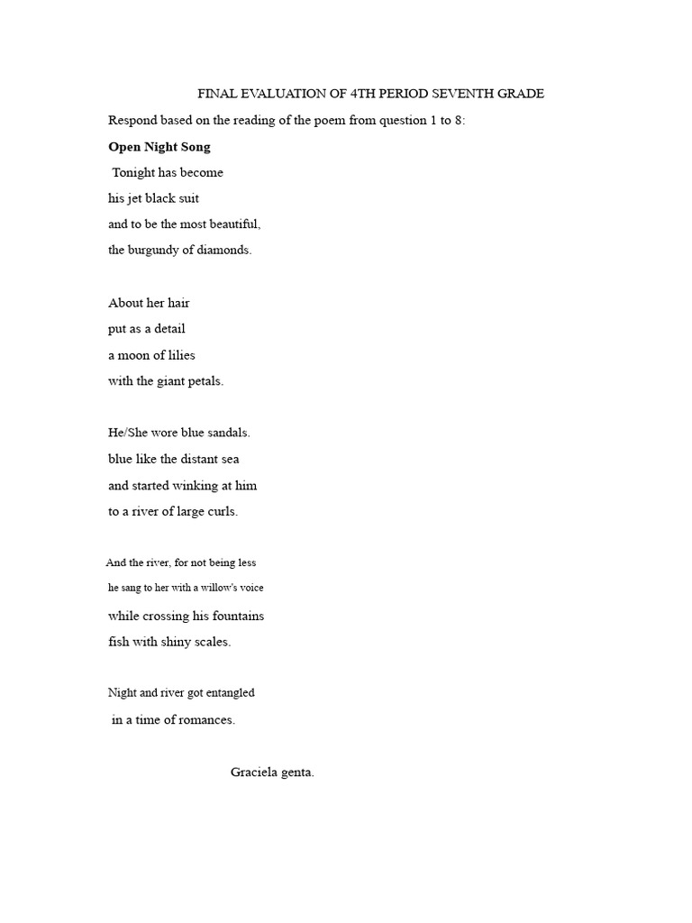 Final Evaluation of 4th Period Seventh Grade | PDF | Poetry | Metre ...