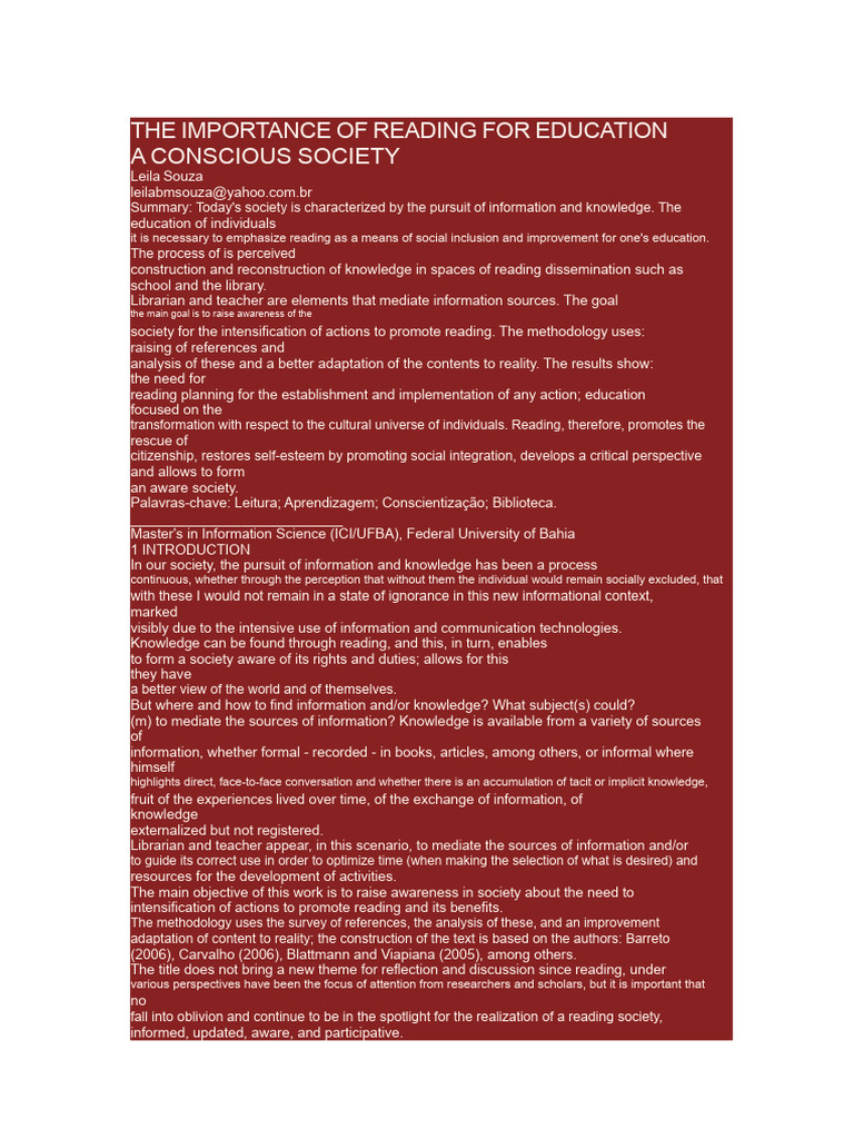 The Importance of Reading For The Formation of A Conscious Society ...
