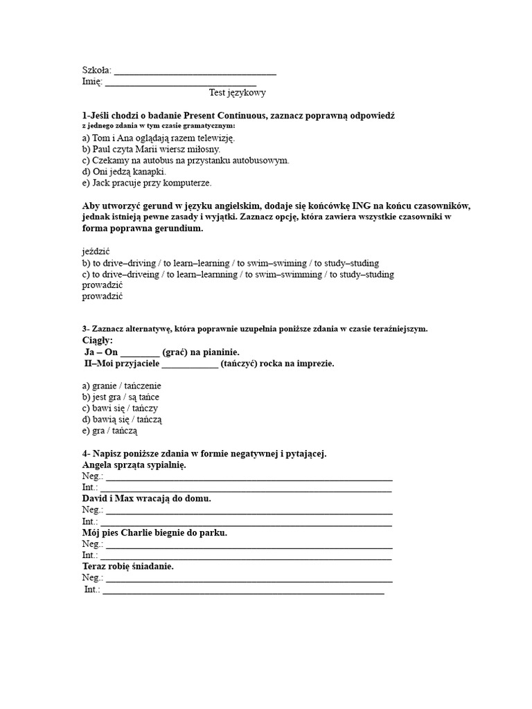 Czas Present Continuous 8 klasa | PDF