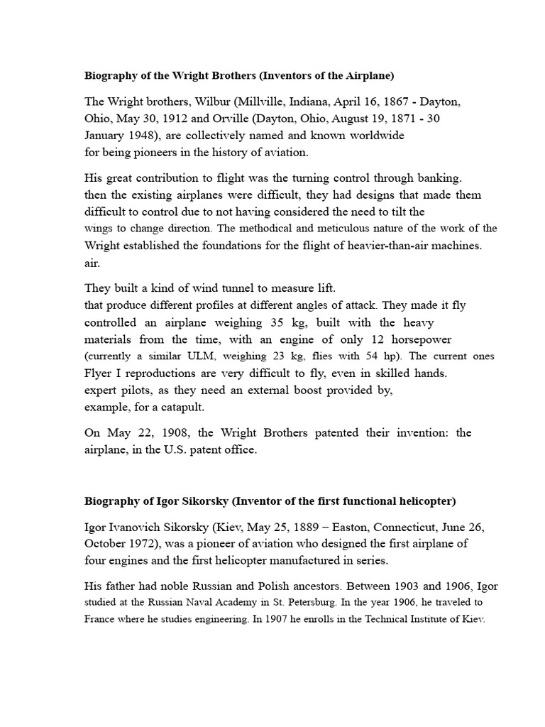 Biography of The Wright Brothers (Inventors of The Airplane) | PDF ...