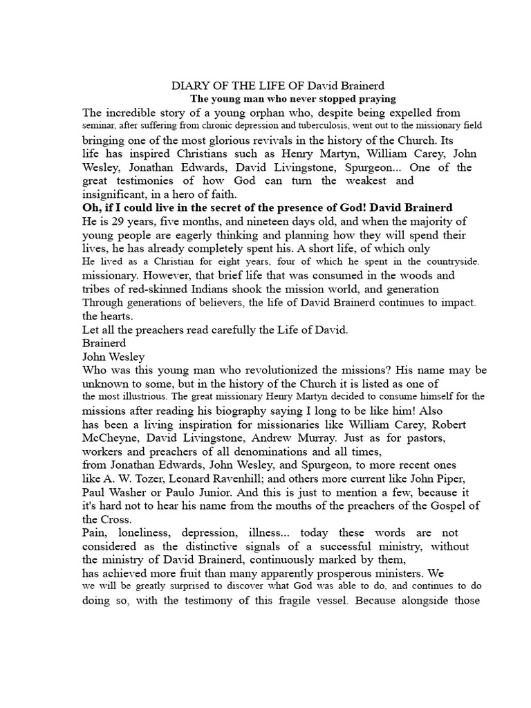 DIARY OF THE LIFE OF David Brainerd.docx | PDF | Prayer | Religious Belief And Doctrine