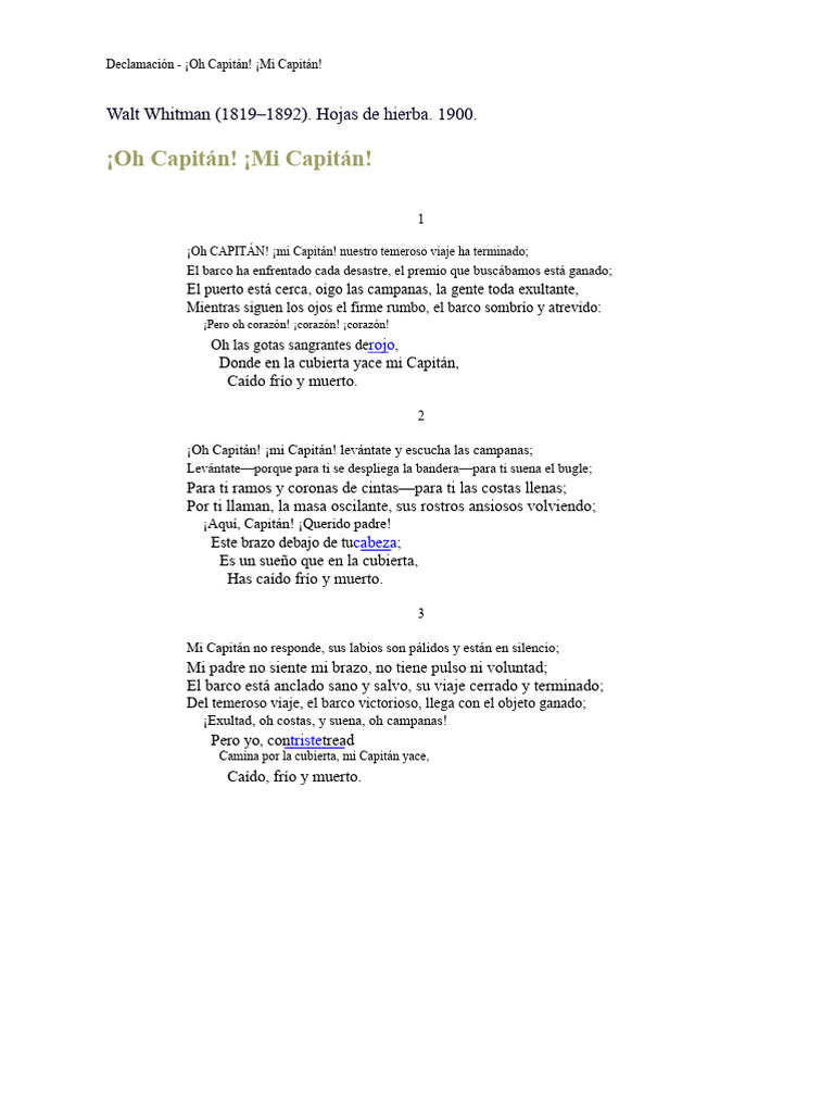 Walt Whitman - Oh Capitán, Mi Capitán | PDF