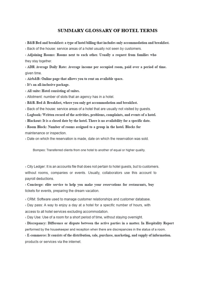 Summary Glossary of Hotel Terms | PDF | Hotel | Travel Agency