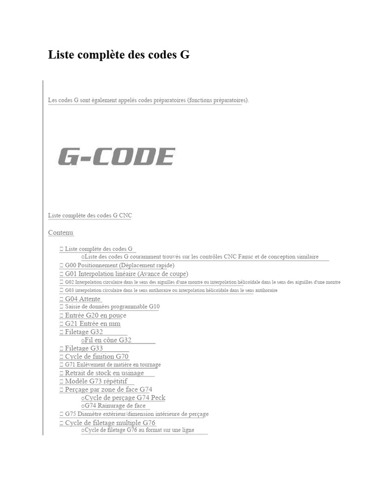 Liste des codes G CNC et G10 | PDF | Ingénieur industriel | Ingénierie ...