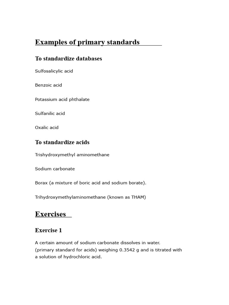 Primary Standards in Titration Exercises | PDF