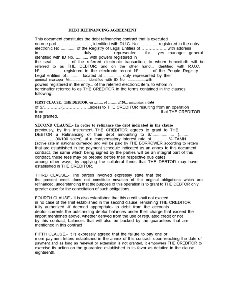 Debt Refinancing Agreement Template | PDF | Debtor | Credit Card
