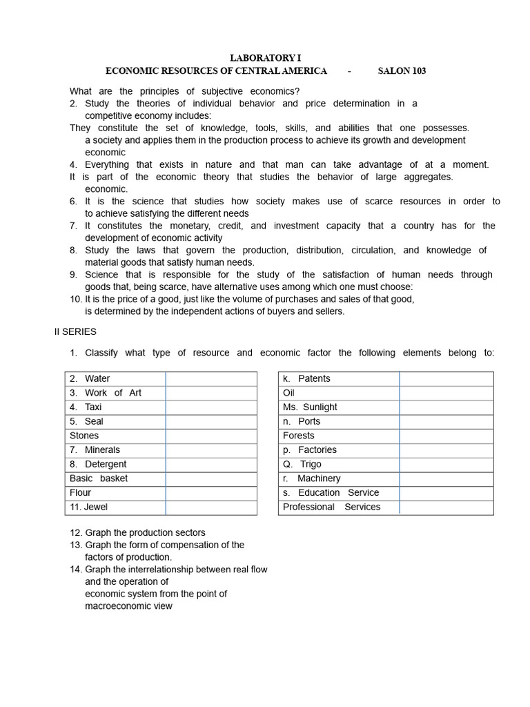 Exercise Unit I Economic Resources of Central America Economic Sciences ...